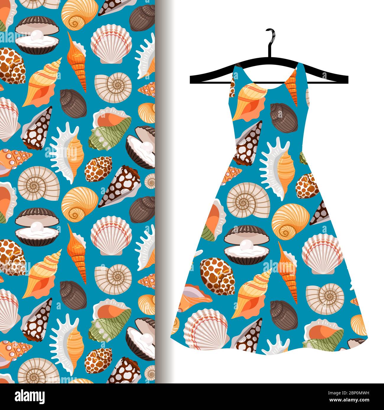 Women dress fabric pattern design on a hanger with sea shells. Vector ...