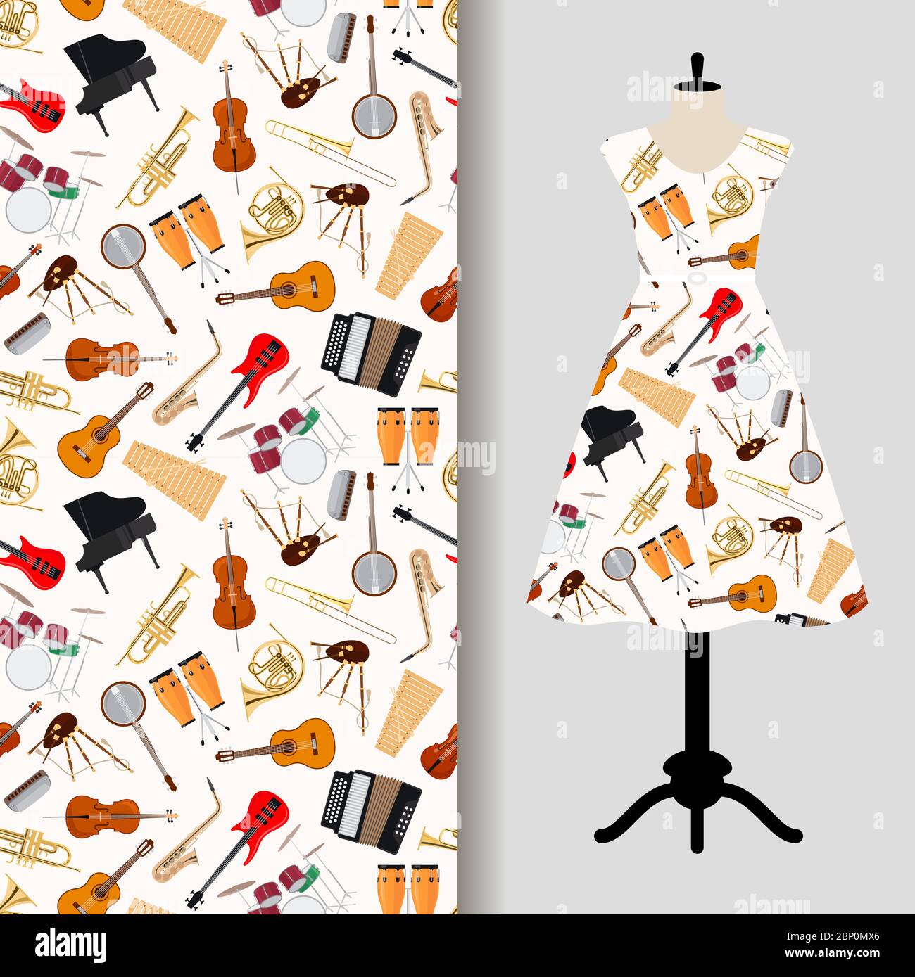 Women dress fabric pattern design with jazz musical instruments. Vector ...