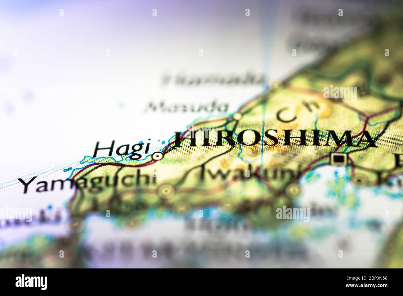 Shallow depth of field focus on geographical map location of Hiroshima ...