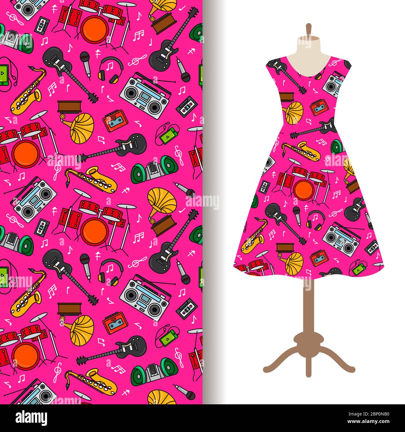 Womens dress fabric pattern design with music instruments. Vector ...
