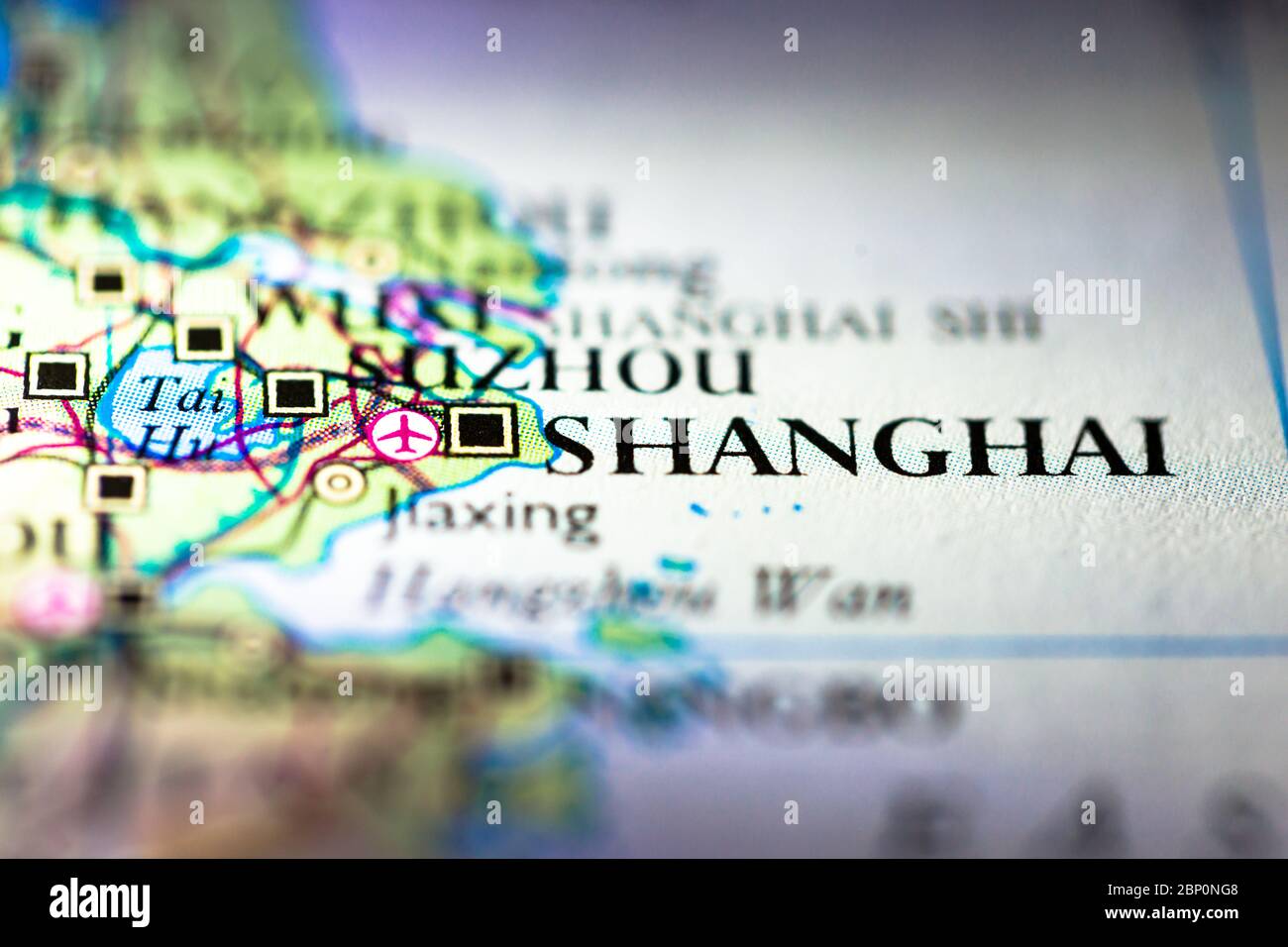 Shallow depth of field focus on geographical map location of Shanghai ...
