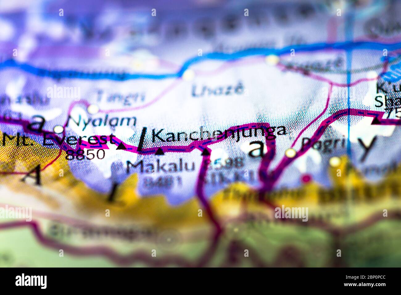 Shallow depth of field focus on geographical map location of Mount ...