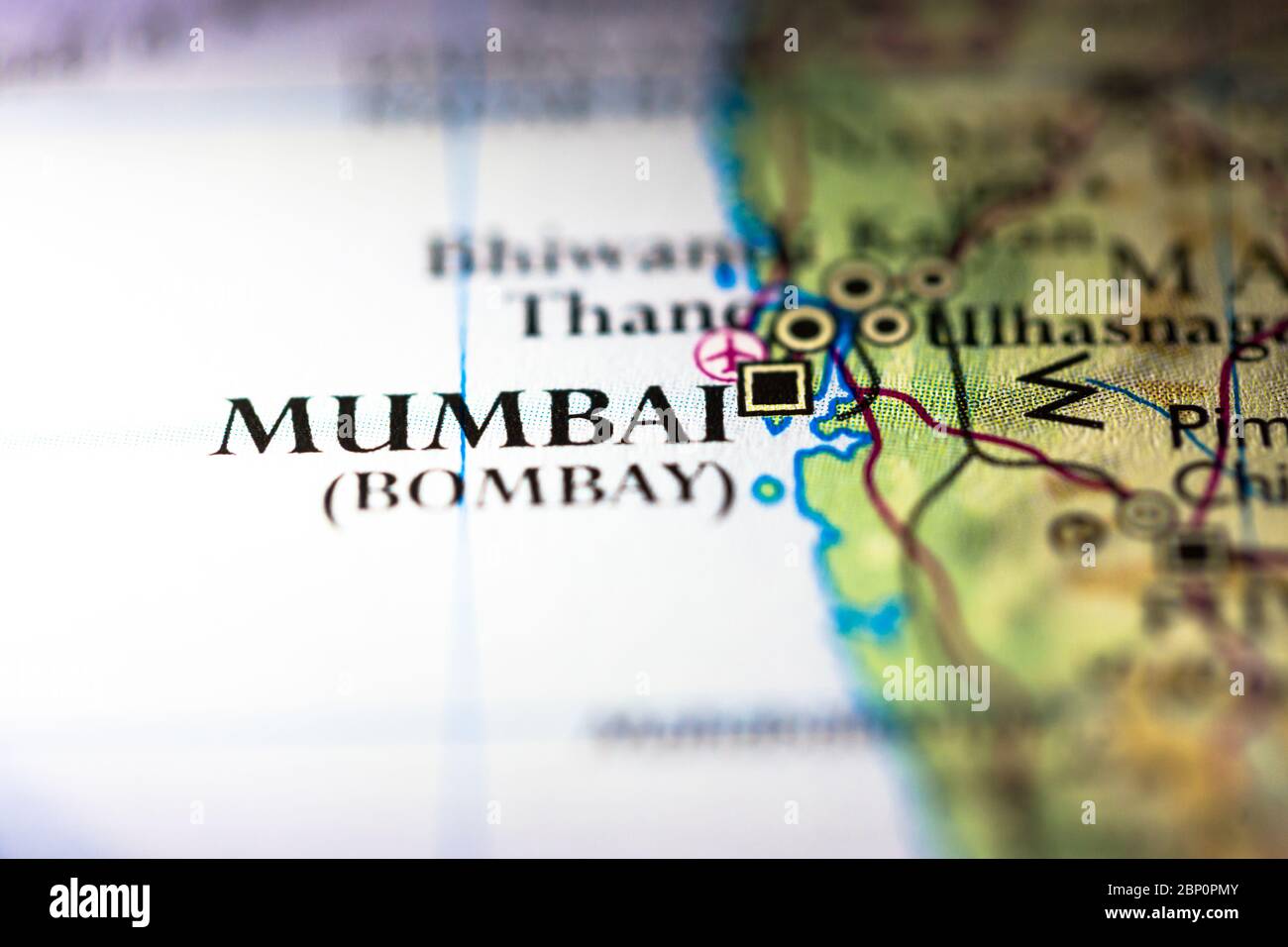 Shallow depth of field focus on geographical map location of Mumbai ...
