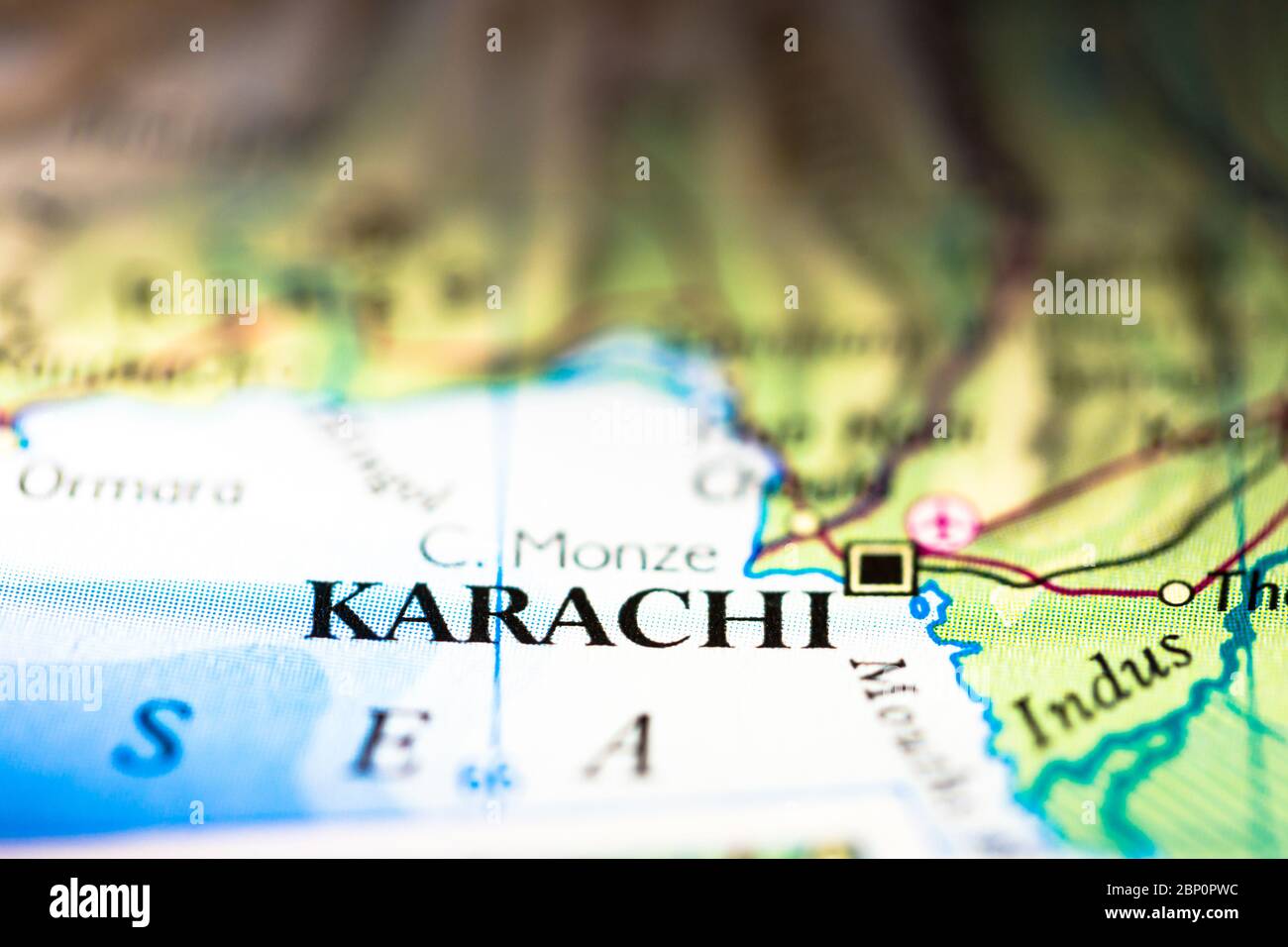 Shallow depth of field focus on geographical map location of Karachi ...