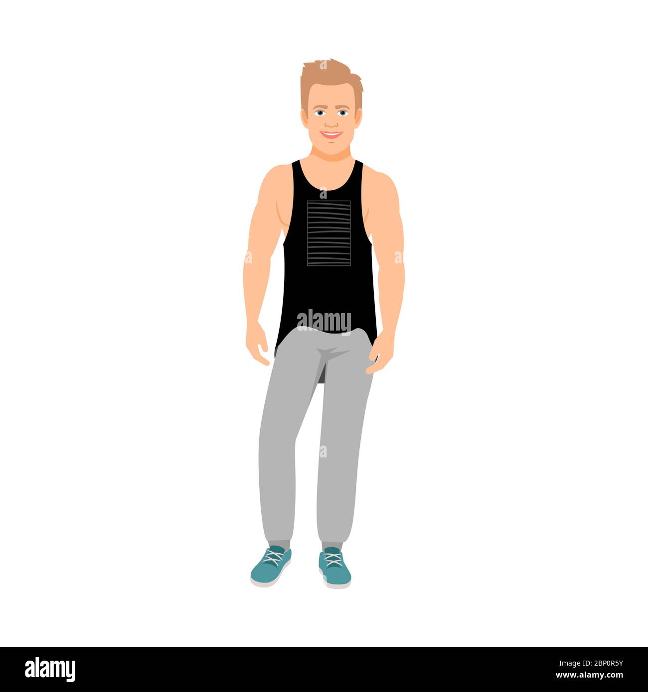 Strong guy in a T-shirt isolated vector illustration on white ...