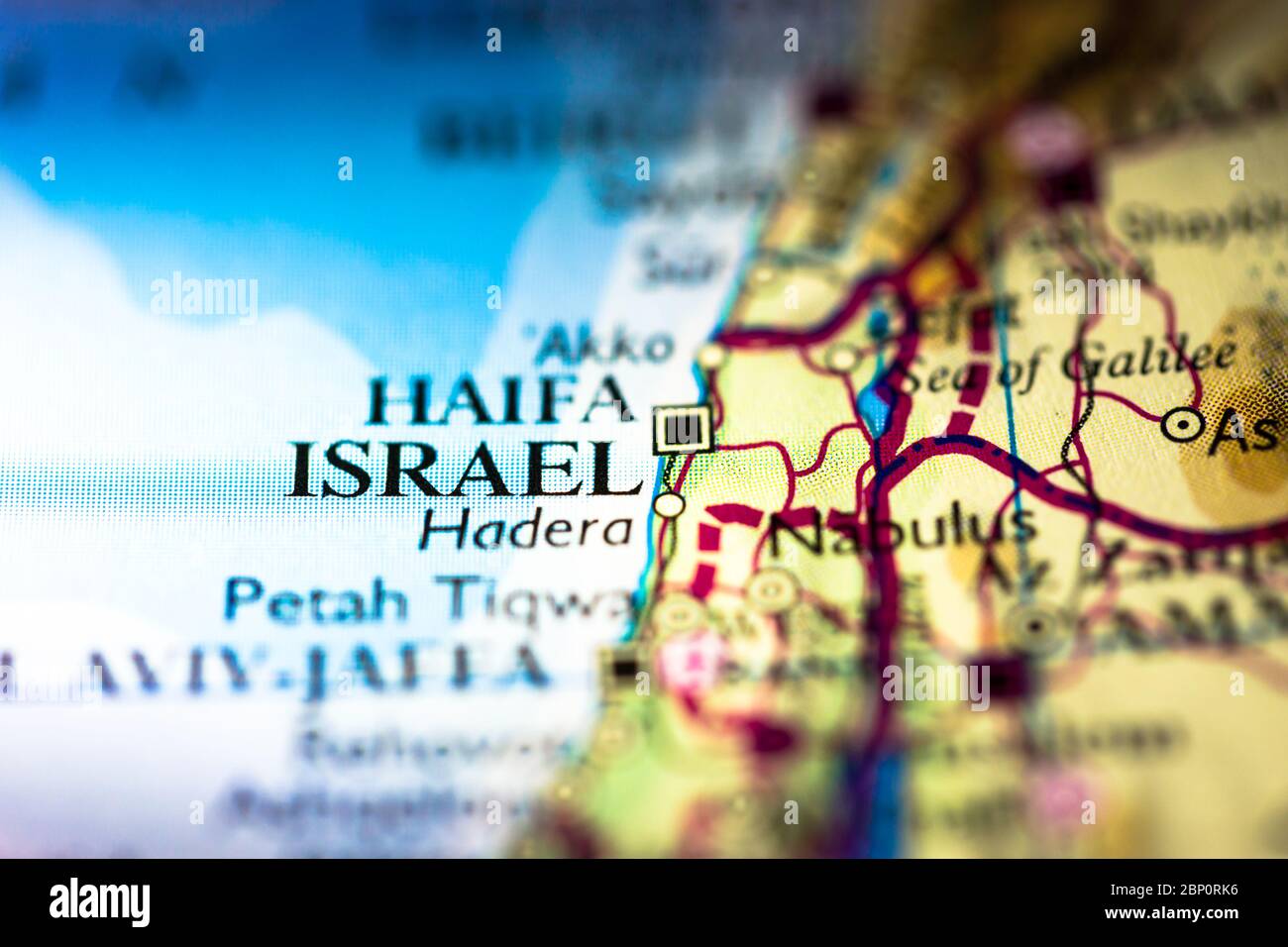 Shallow depth of field focus on geographical map location of Haifa ...