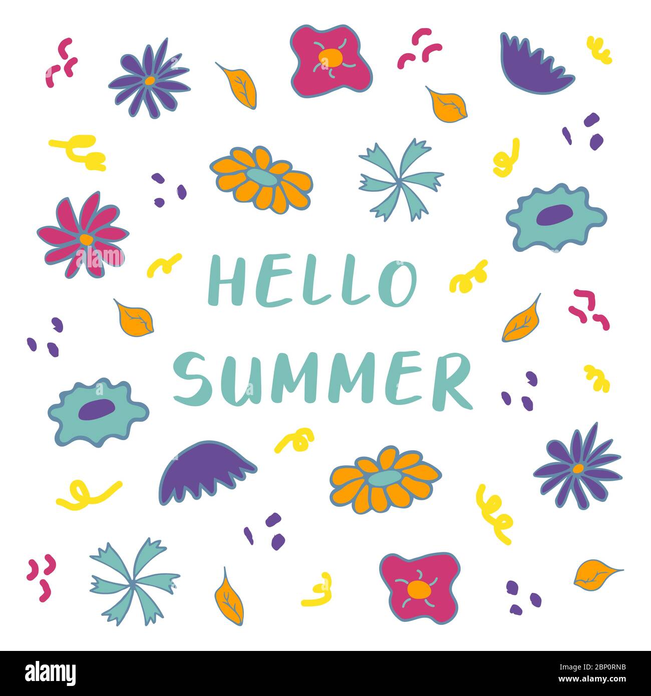 Bright background with different flowers and leaves and the inscription ...