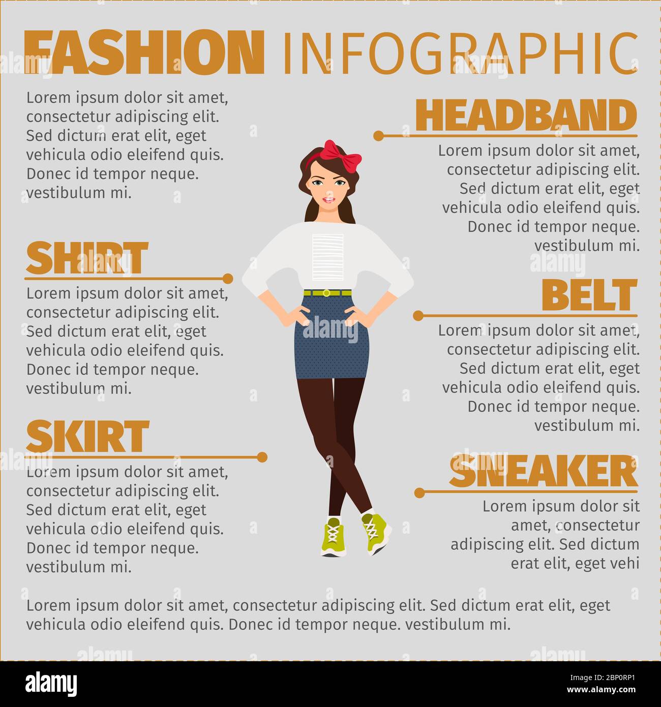 Fashion infographic with young girl in a bandaged red scarf. Vector ...