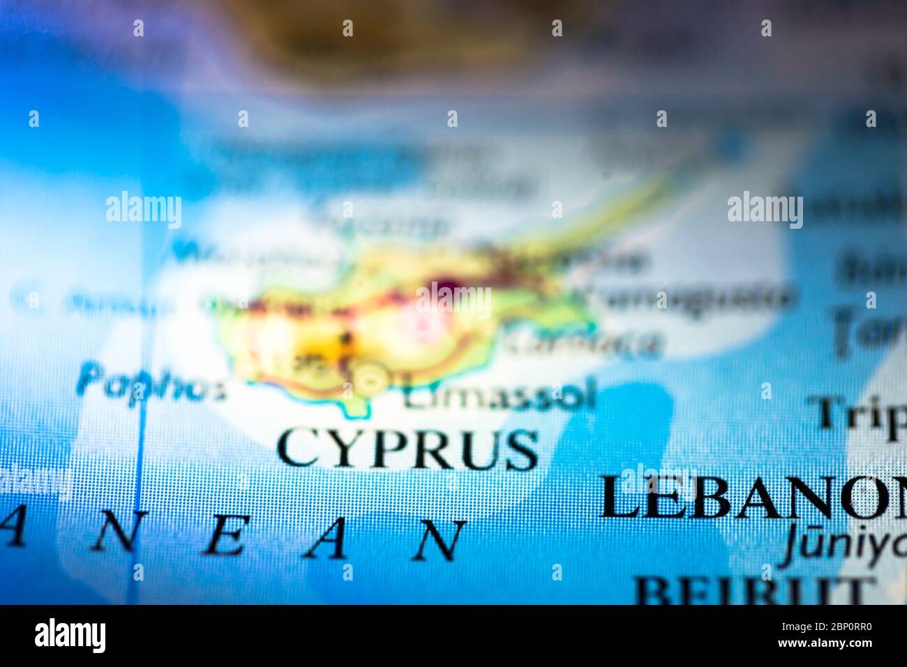 Shallow depth of field focus on geographical map location of Cyprus ...