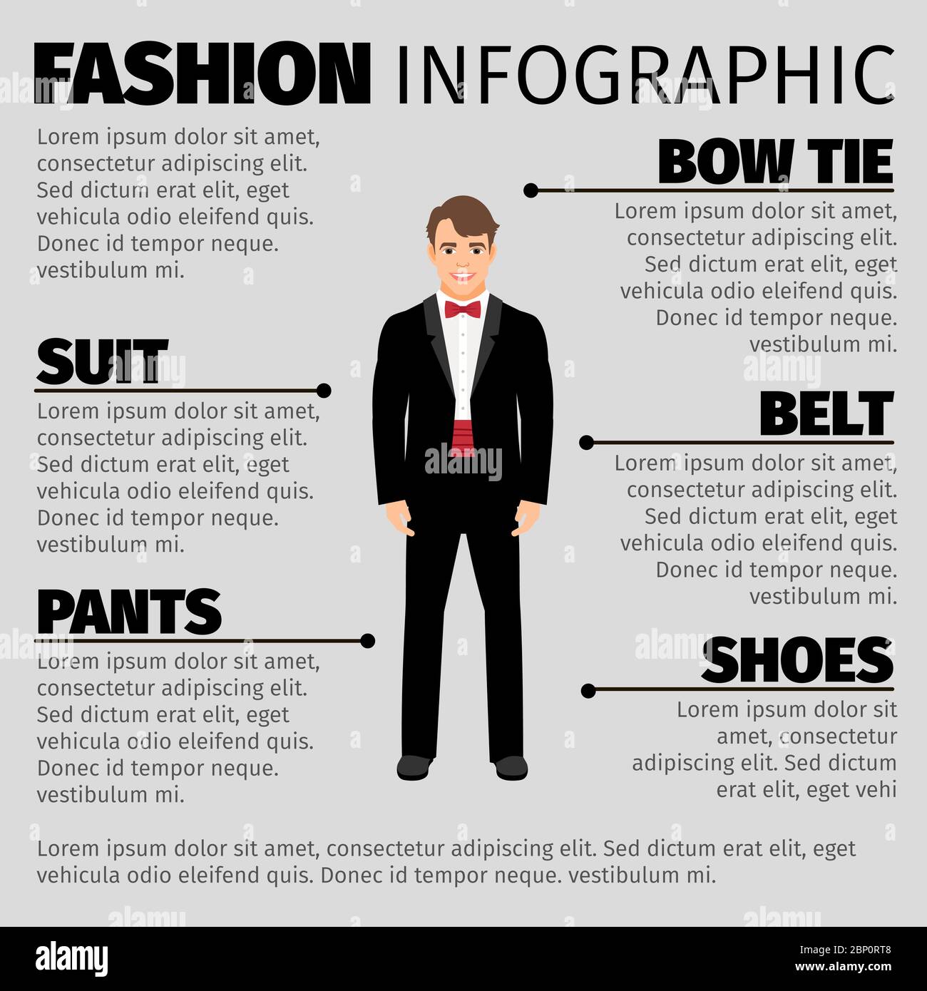 Fashion infographic with young man in a suit and red belt. Vector ...