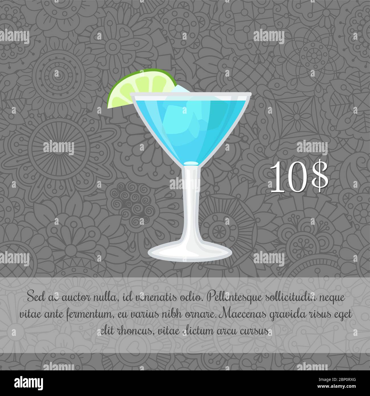 Alcoholic blue cocktail card template with price and patterned ...