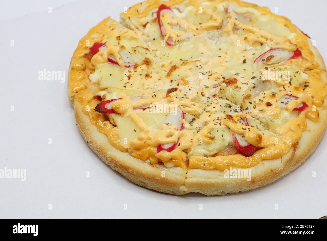 Pizza with chicken and sausage isolated on white background Stock Photo ...