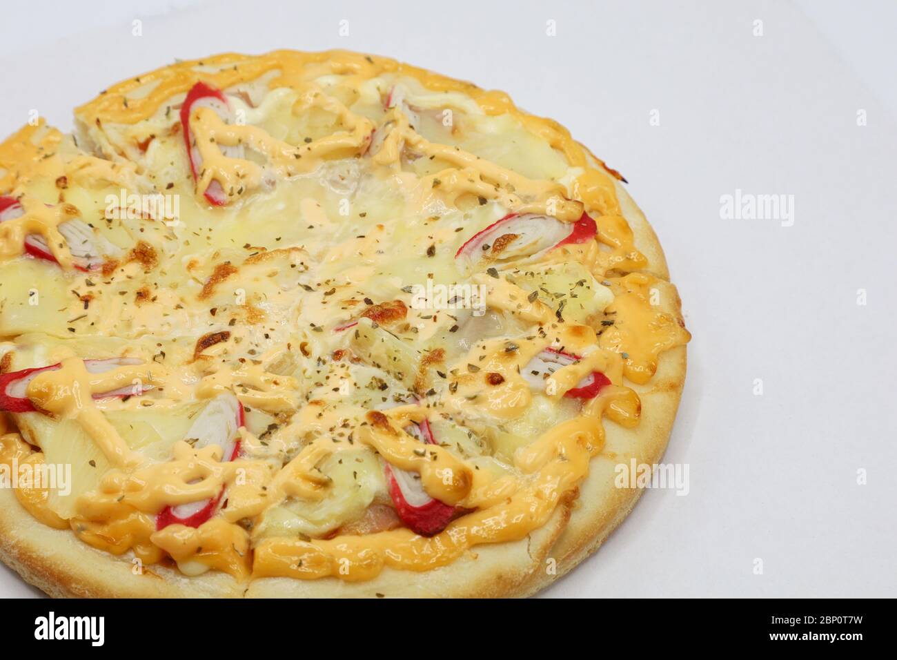 Pizza with chicken and sausage isolated on white background Stock Photo ...