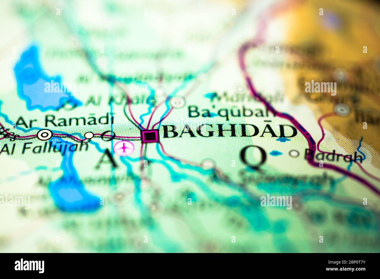 Shallow depth of field focus on geographical map location of Baghdad ...