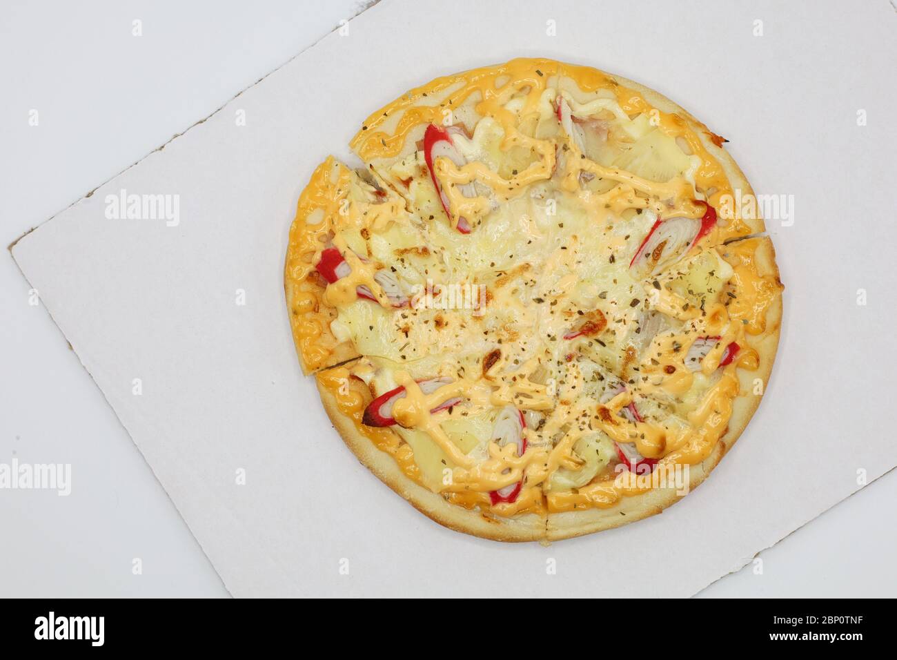 Pizza with chicken and sausage isolated on white background Stock Photo ...