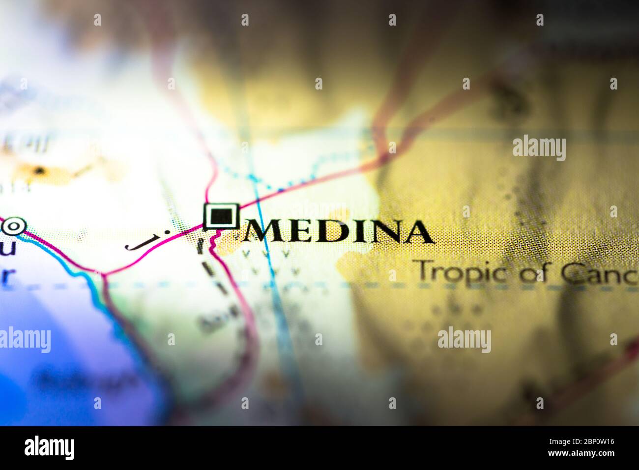 Shallow depth of field focus on geographical map location of Medina ...