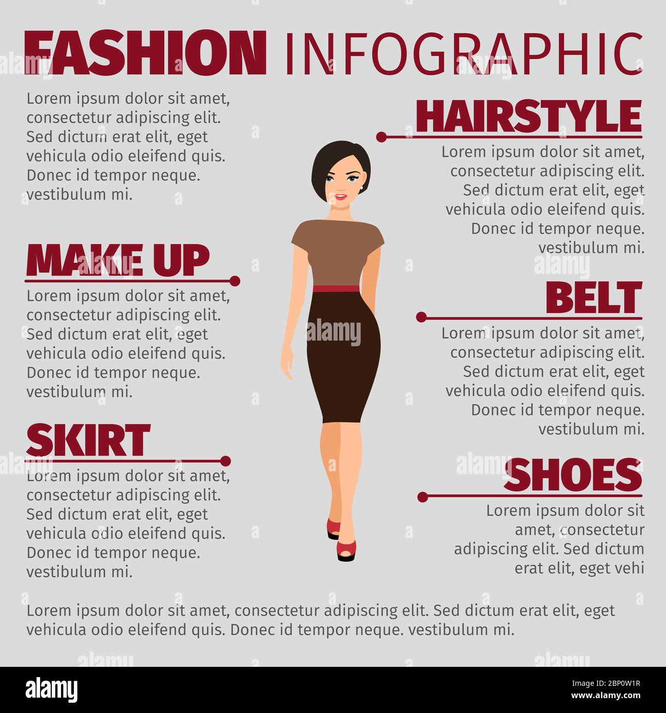 Fashion infographic with girl in a brown dress. Vector illustration ...