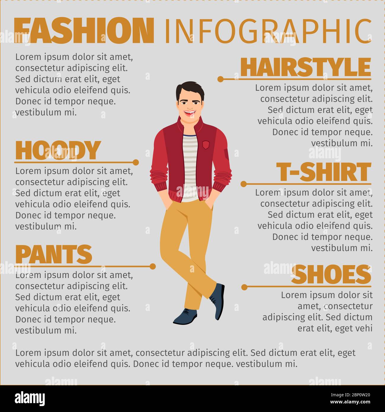 Fashion infographic with happy student in red jacket. Vector ...