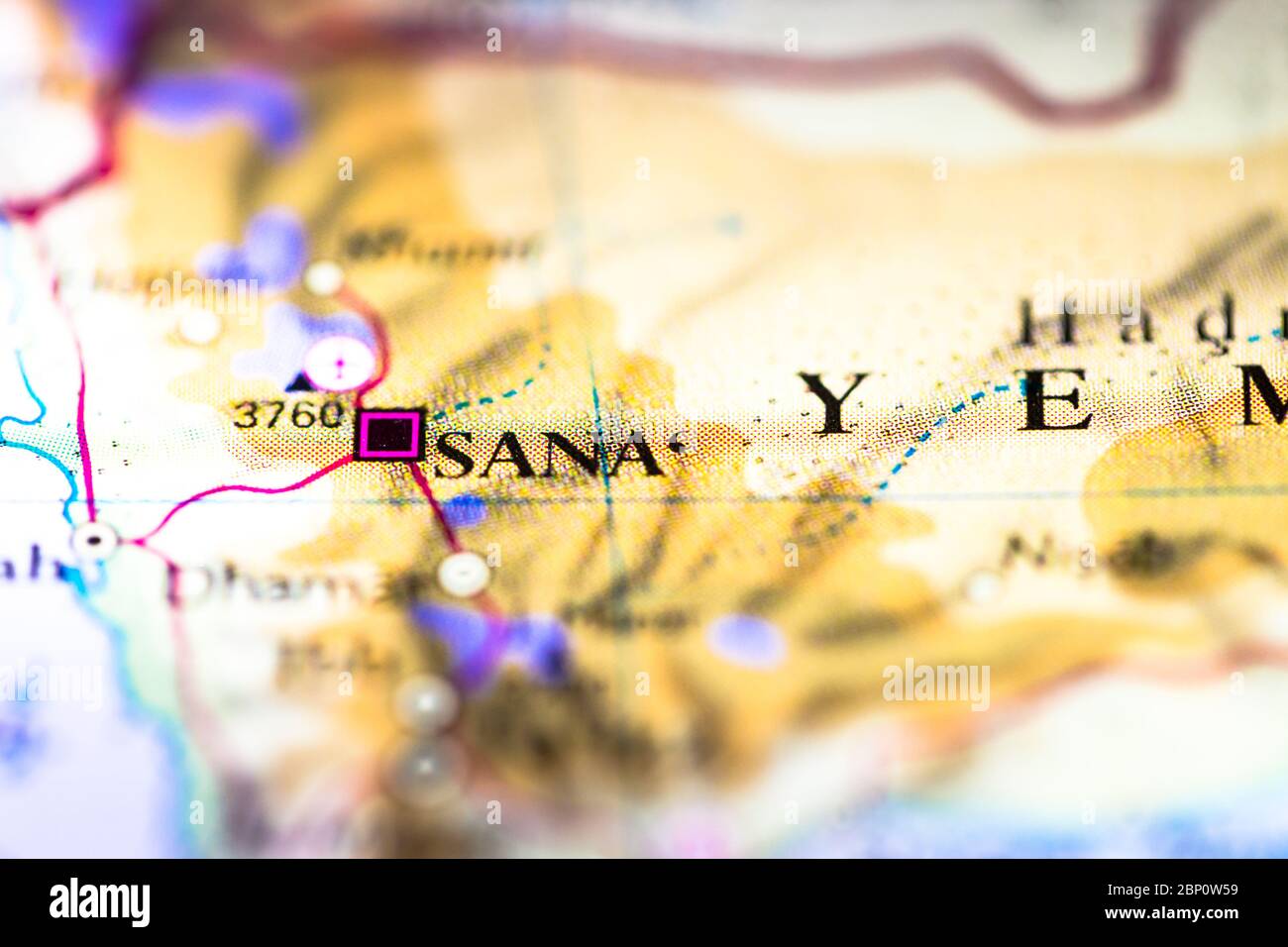 Shallow depth of field focus on geographical map location of Sana Sanaa ...