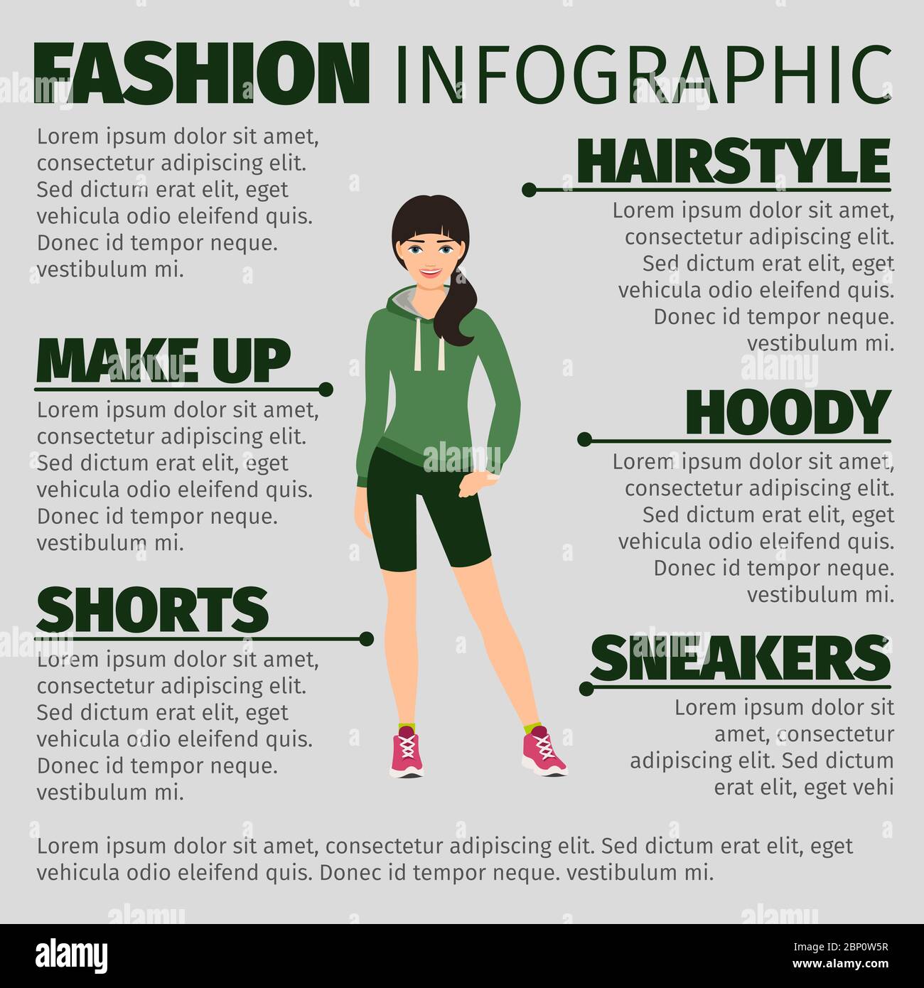 Fashion infographic with smiling girl in a sweatshirt. Vector ...