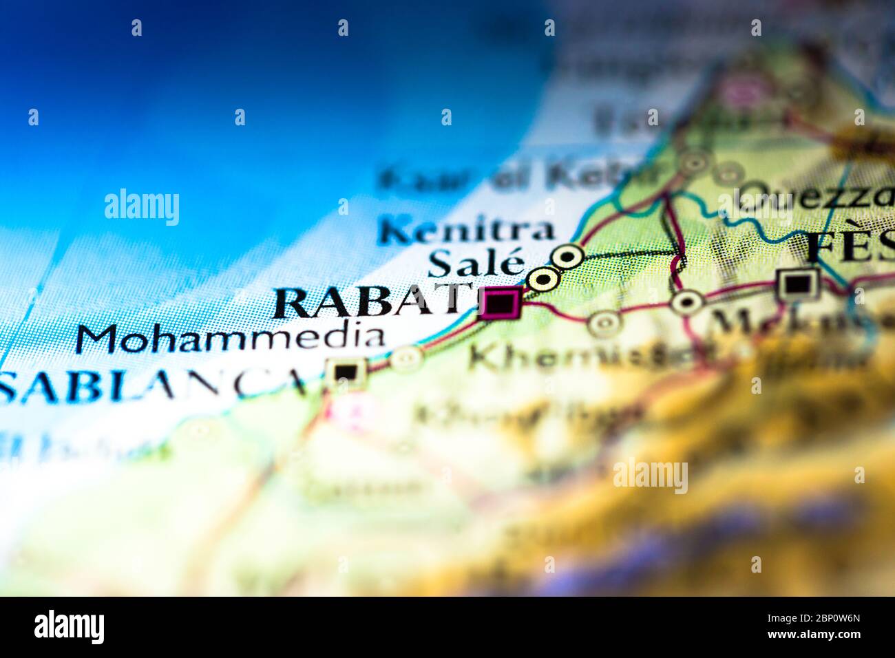 Shallow depth of field focus on geographical map location of Rabat city ...