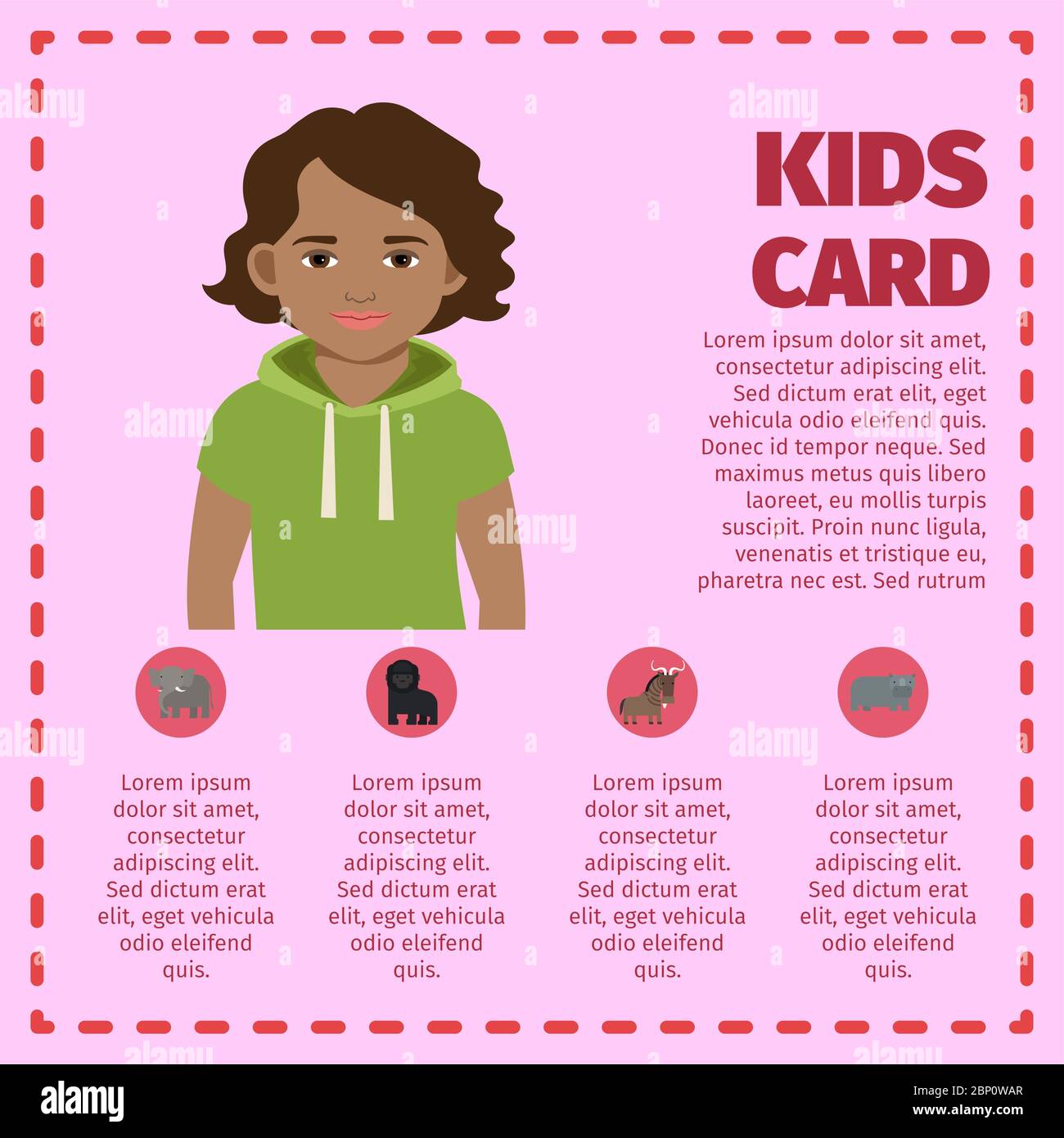Kids card infographic with young boy and farm animals. Vector ...