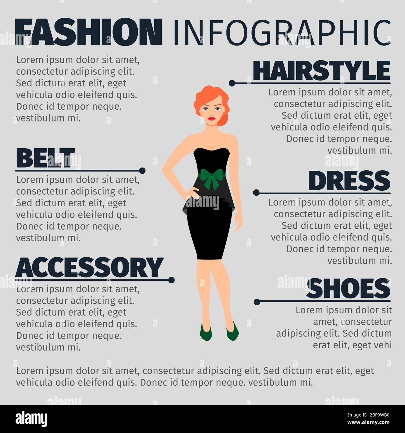 Fashion infographic with redhead woman in black dress and green belt ...