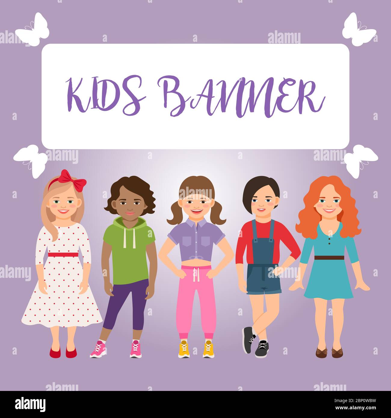Kids banner with girls on pink background, vector illustration Stock ...