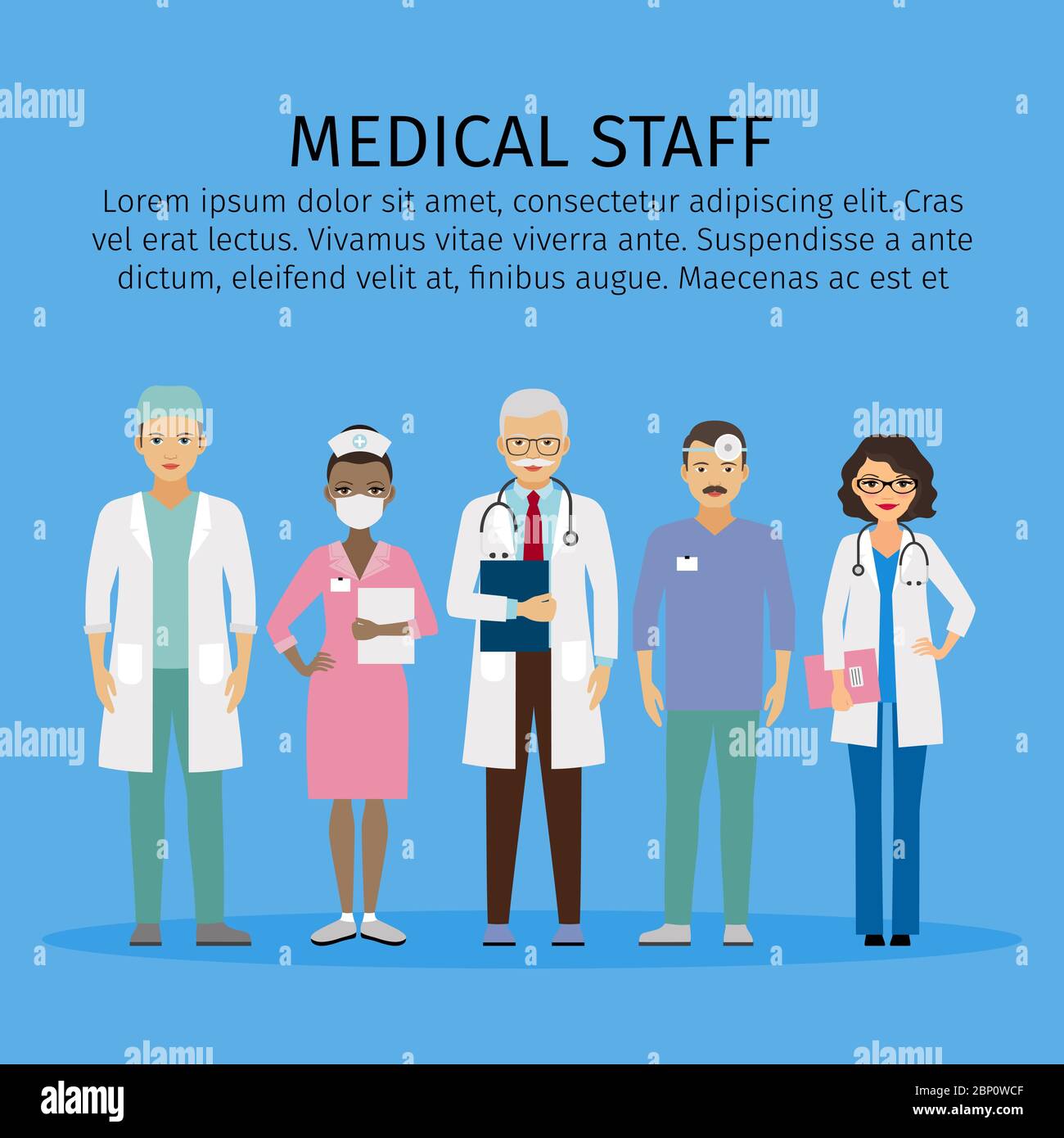Team of doctors and other hospital workers stand together. Vector ...