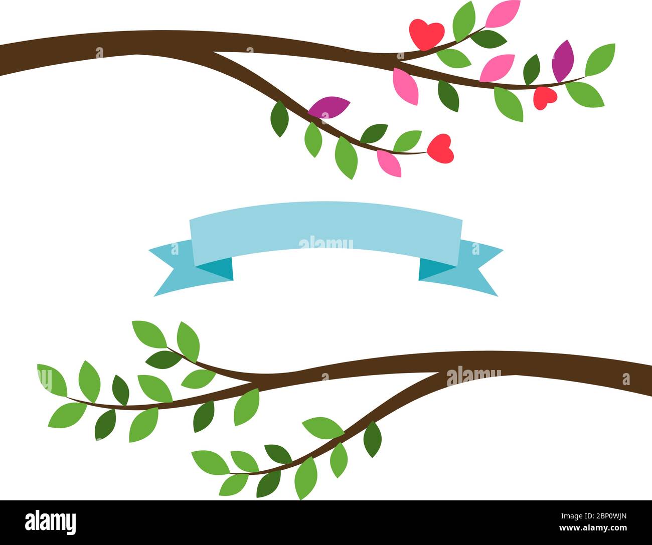Cartoon tree branches with colorful leaves and blue ribbon on white ...