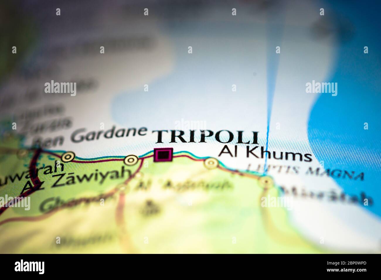Shallow depth of field focus on geographical map location of Tripoli ...