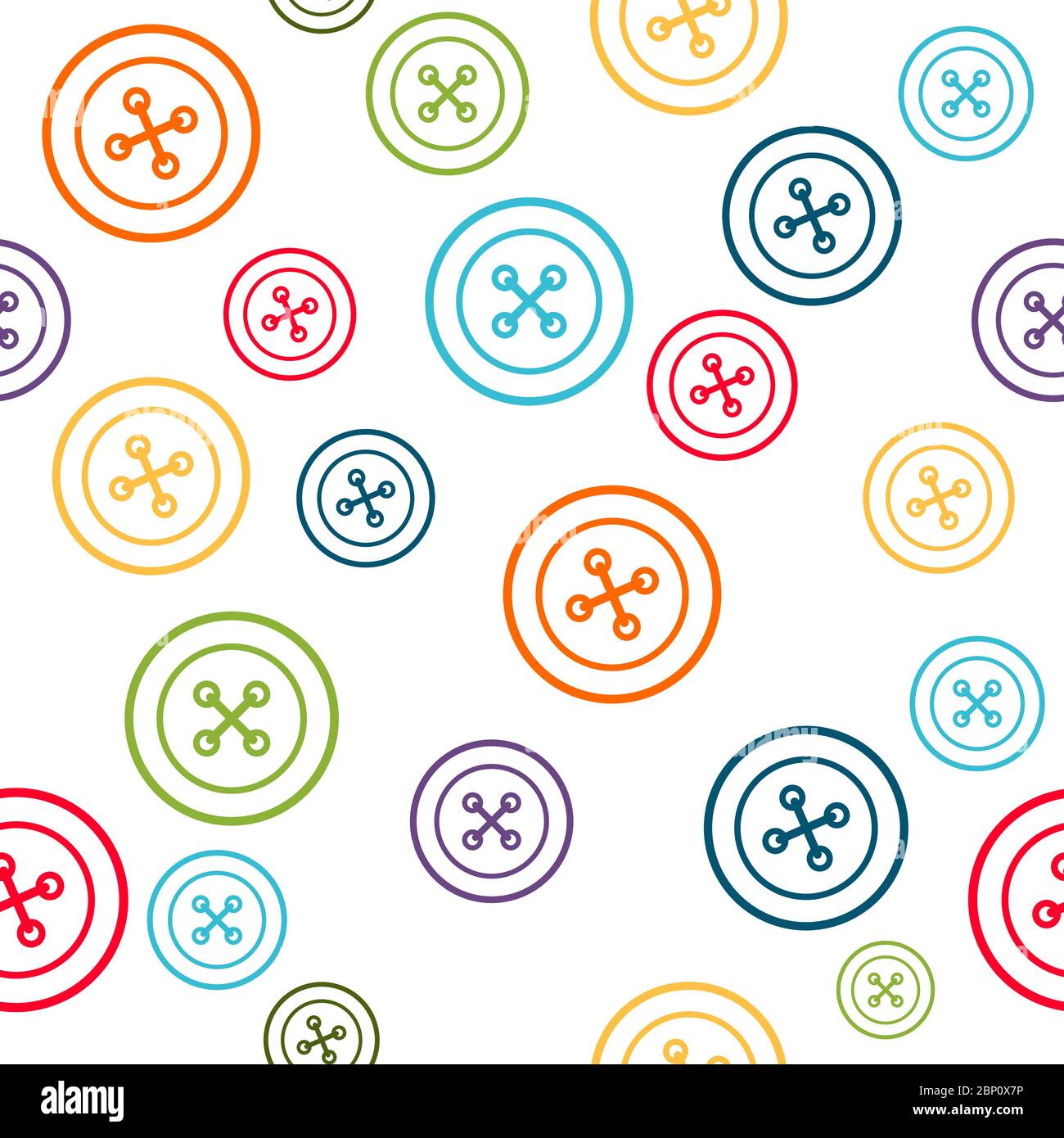 Sewing pattern with colorful line round buttons on white background ...