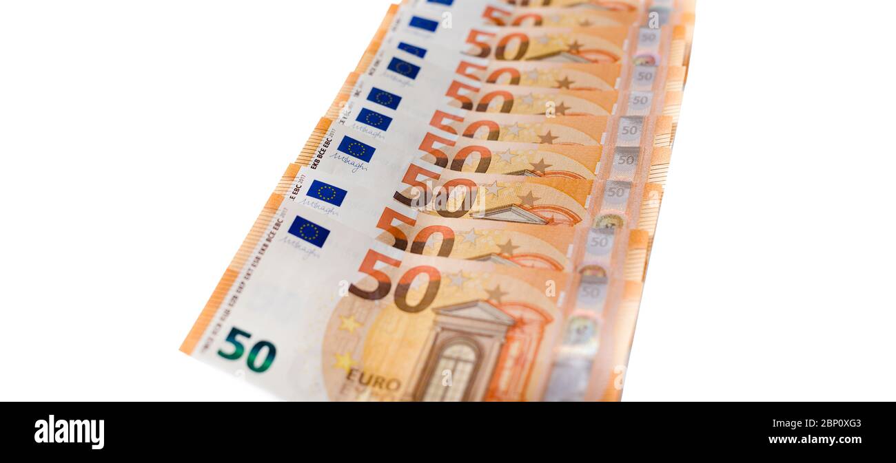 50 Euro banknotes in pattern over white background. Euro banknote as ...