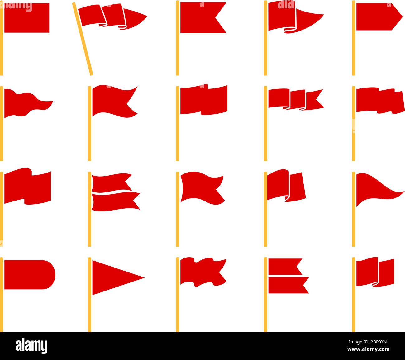 Red flags isolated on white background. Flag set on yellow staves icons ...