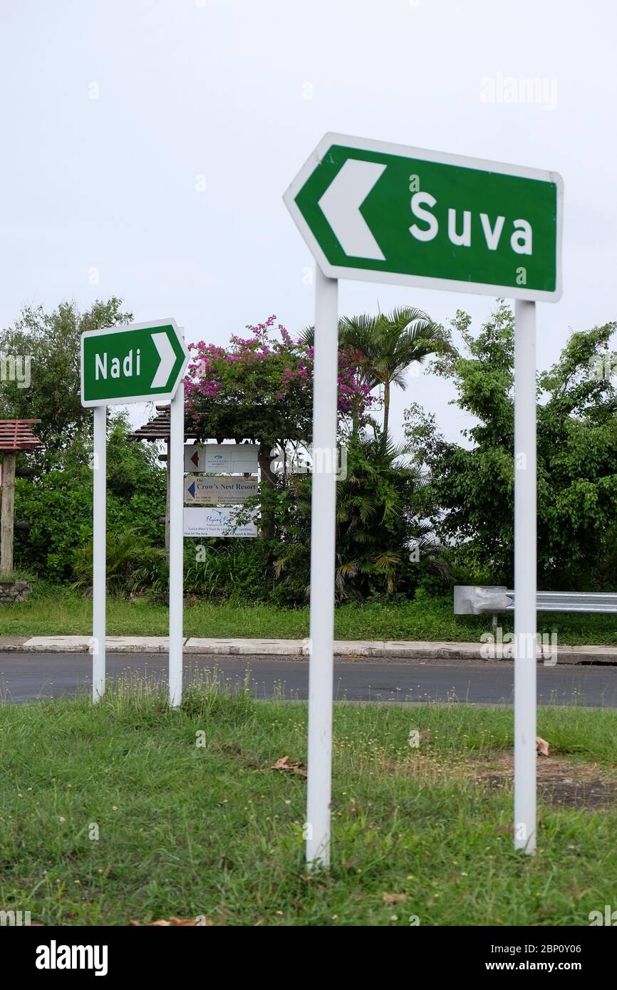 Traffic direction sign to Suva and Nadi in Korotogo, Viti Levu, Fiji ...