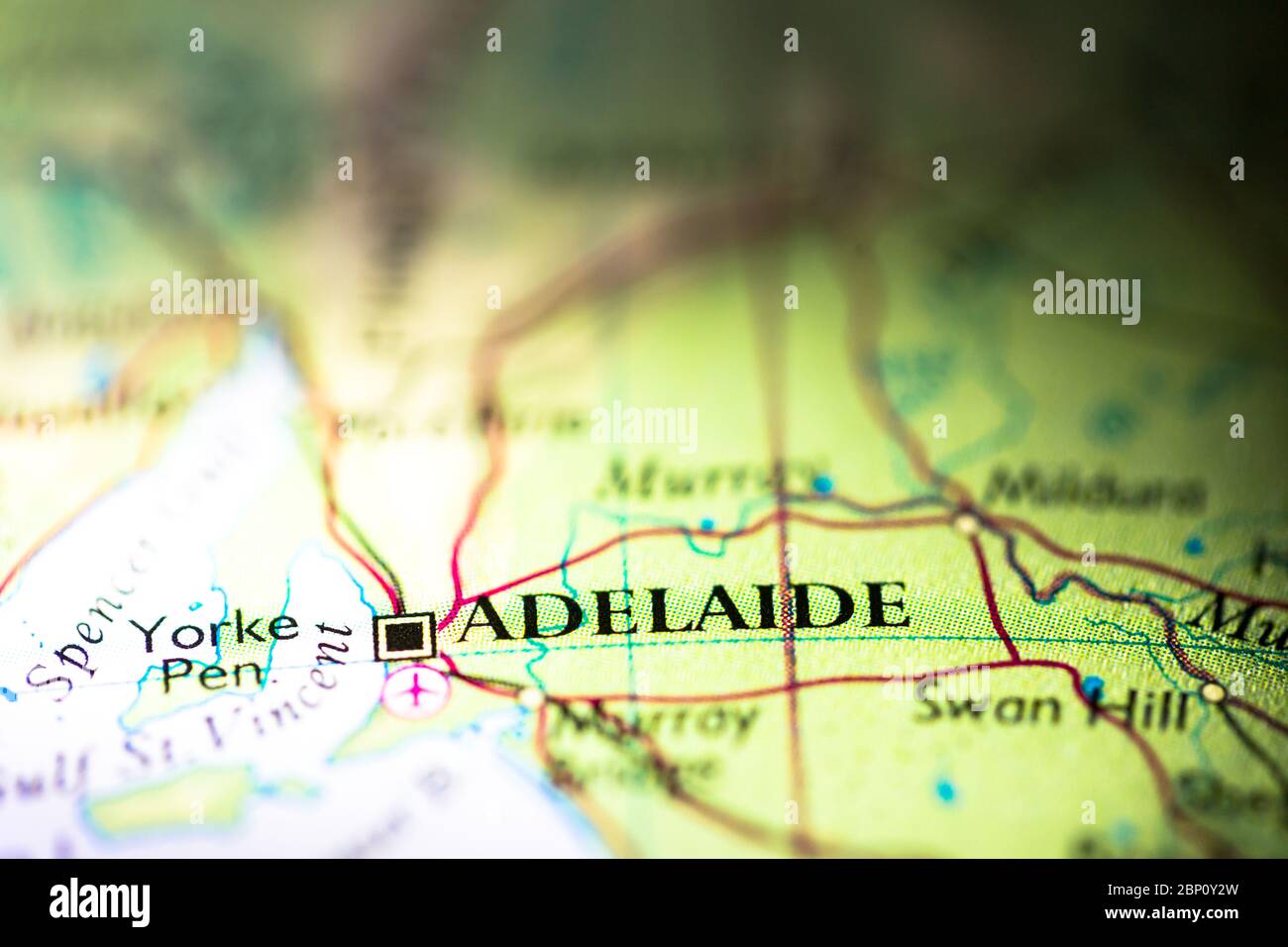 Shallow depth of field focus on geographical map location of Adelaide ...