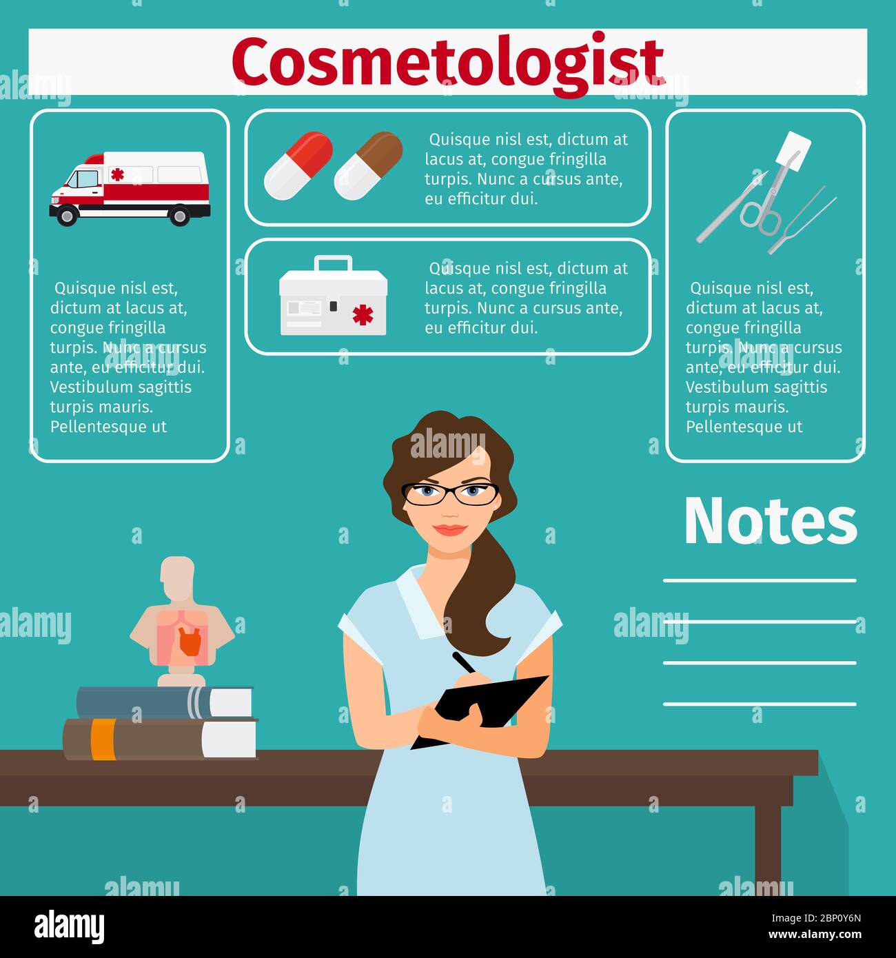 Cosmetologist and medical equipment icons with infographics elements ...
