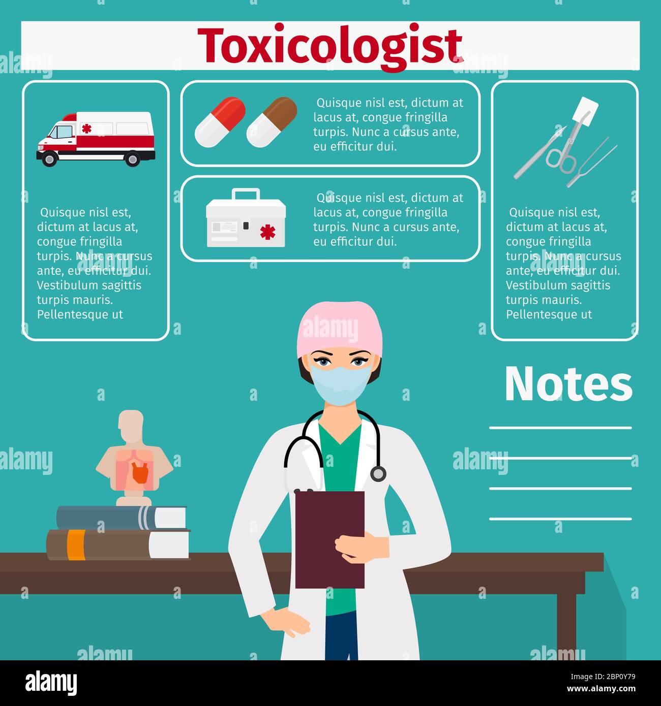 Female character of toxicologist and medical equipment icons with ...