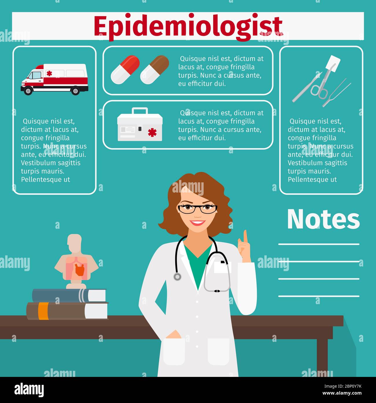 Epidemiologist and medical equipment icons with infographics elements ...