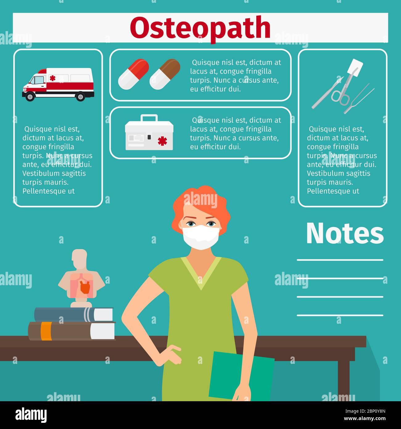 Female character of osteopath and medical equipment icons with ...