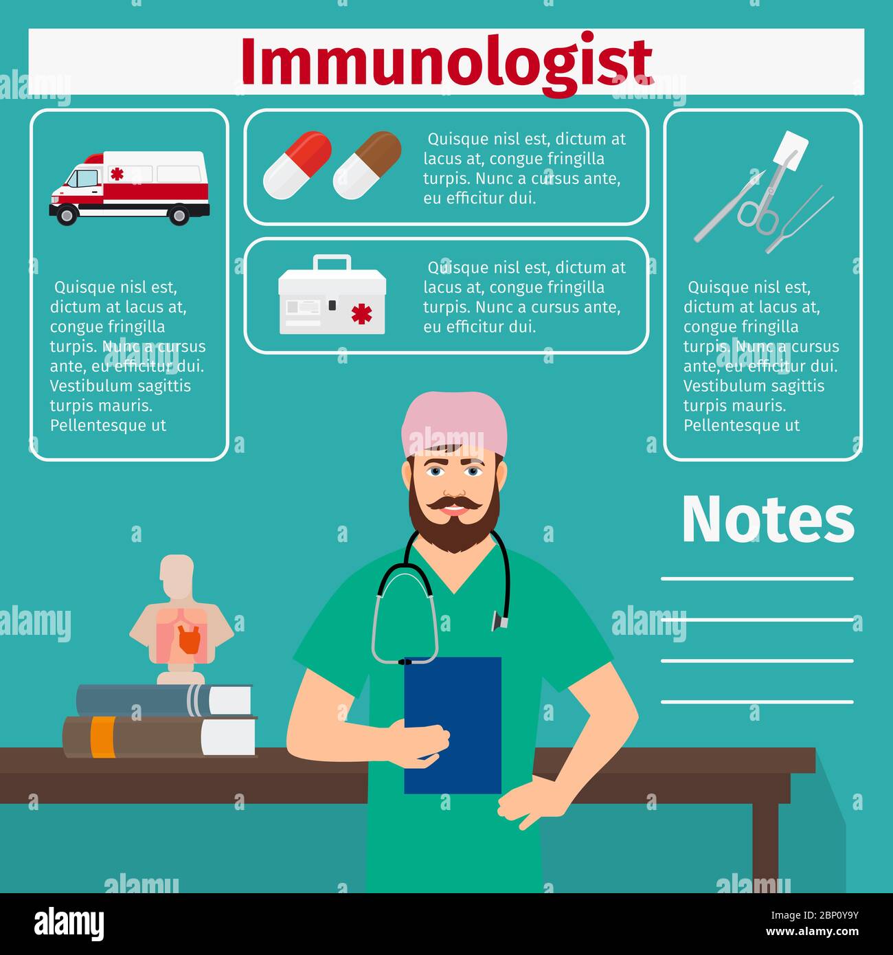 Immunologist and medical equipment icons with infographics elements for ...