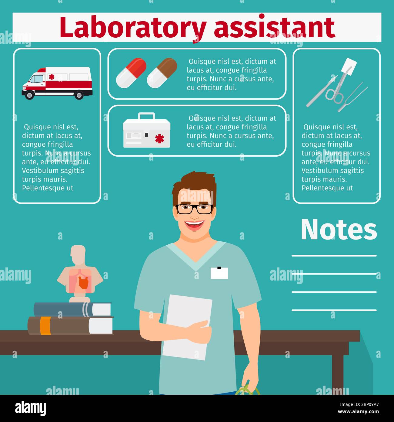 Laboratory assistant and medical equipment icons with infographics ...