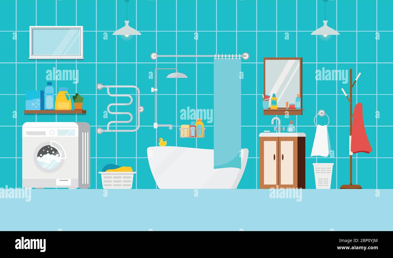 Modern bathroom with bath and washing machine interior scene Stock ...