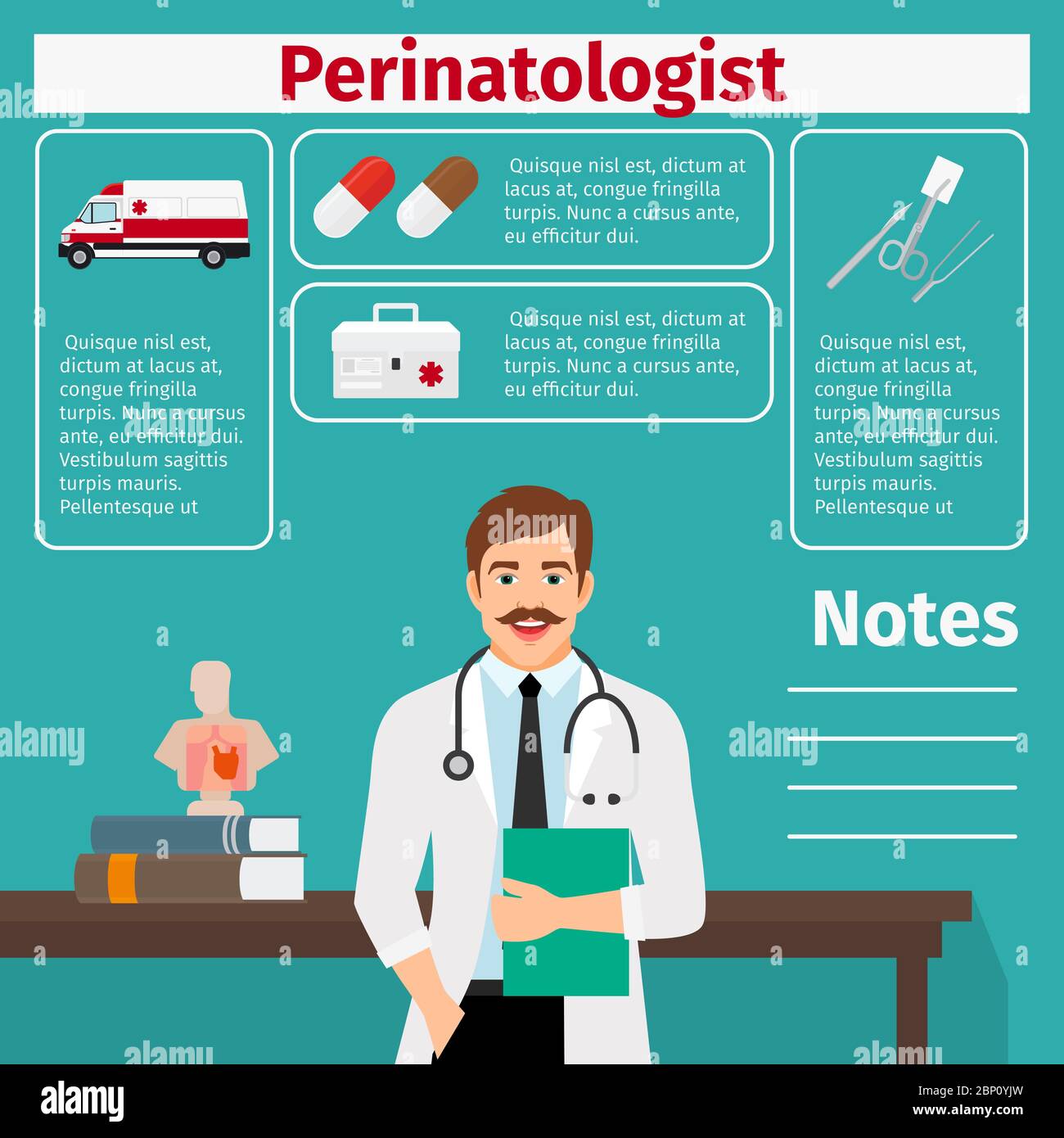 Perinatologist and medical equipment icons with infographics elements ...