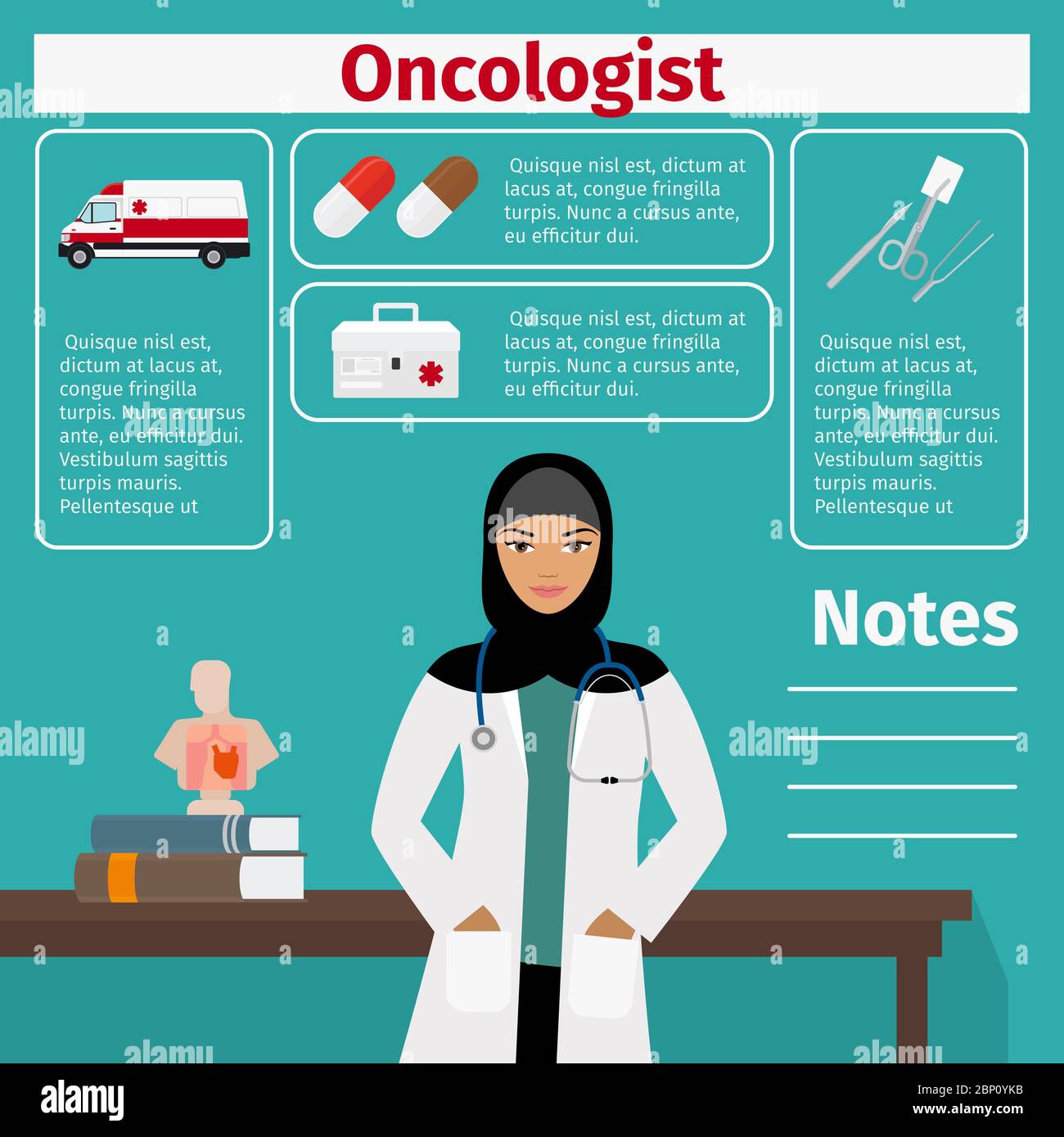 Oncologist and medical equipment icons with infographics elements for ...