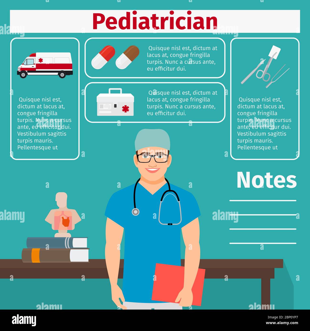 Pediatrician and medical equipment icons with infographics elements for ...