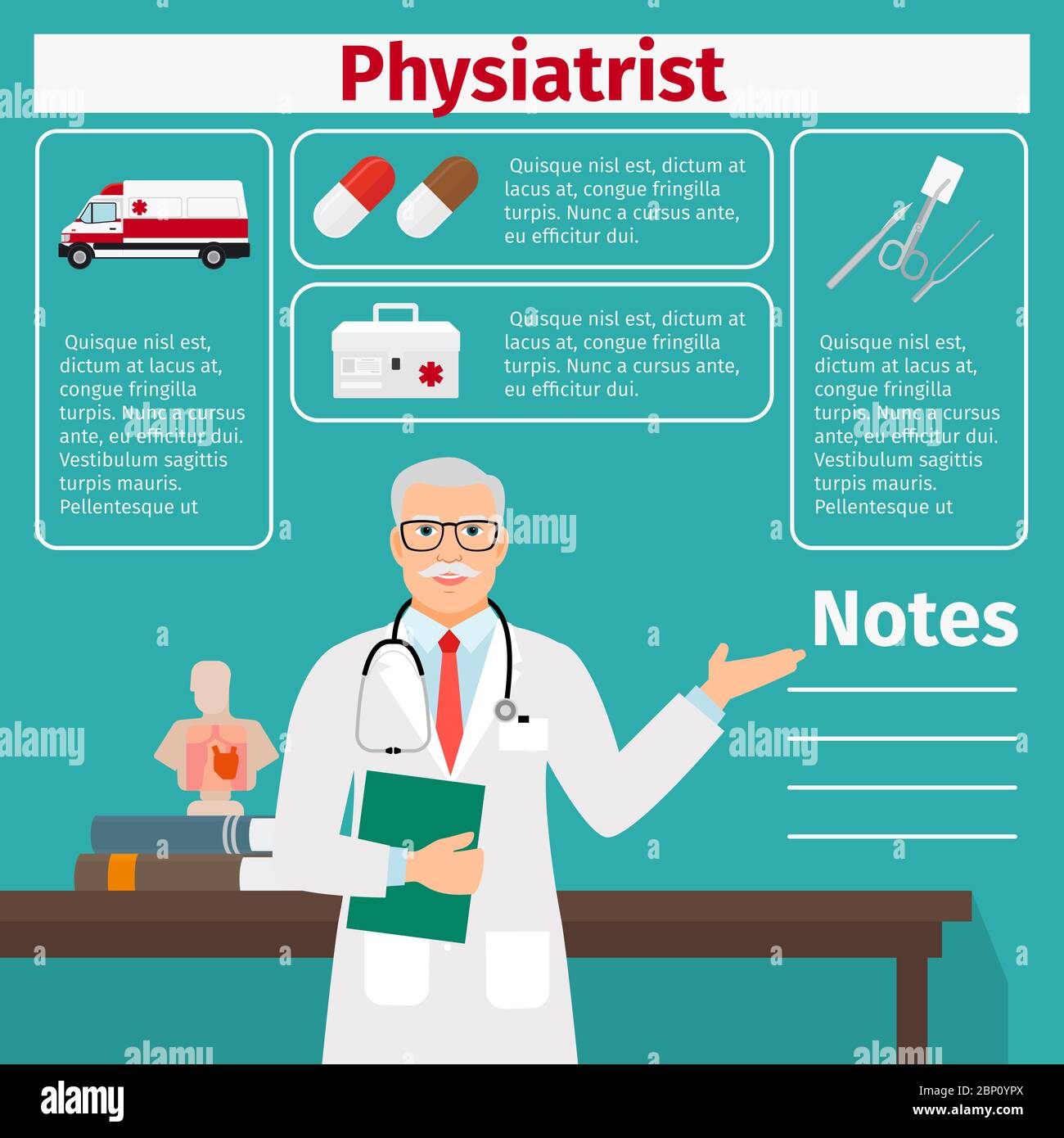 Physiatrist and medical equipment icons with infographics elements for ...