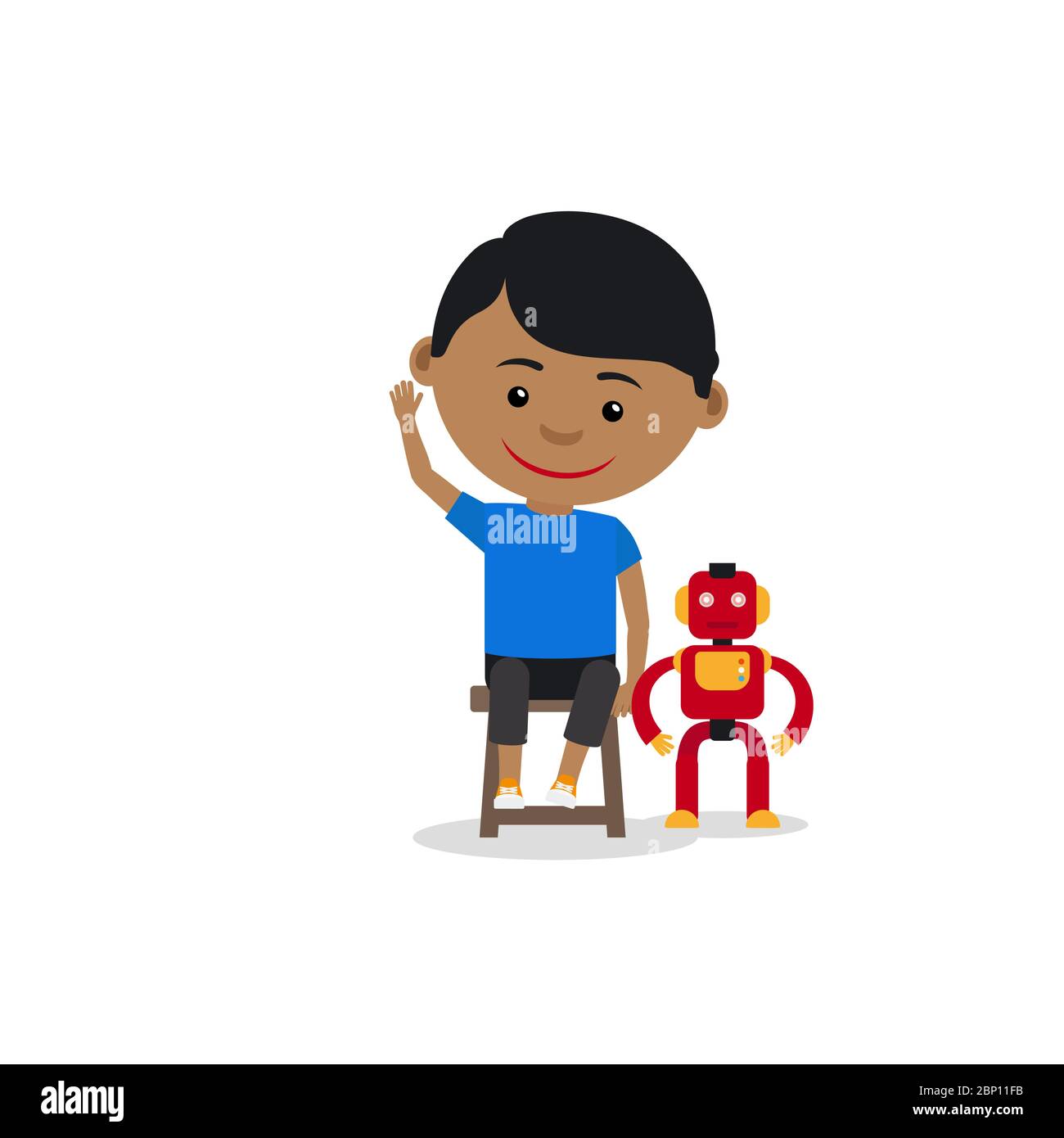 Indian boy with toy robot, isolated on the white background. Vector ...