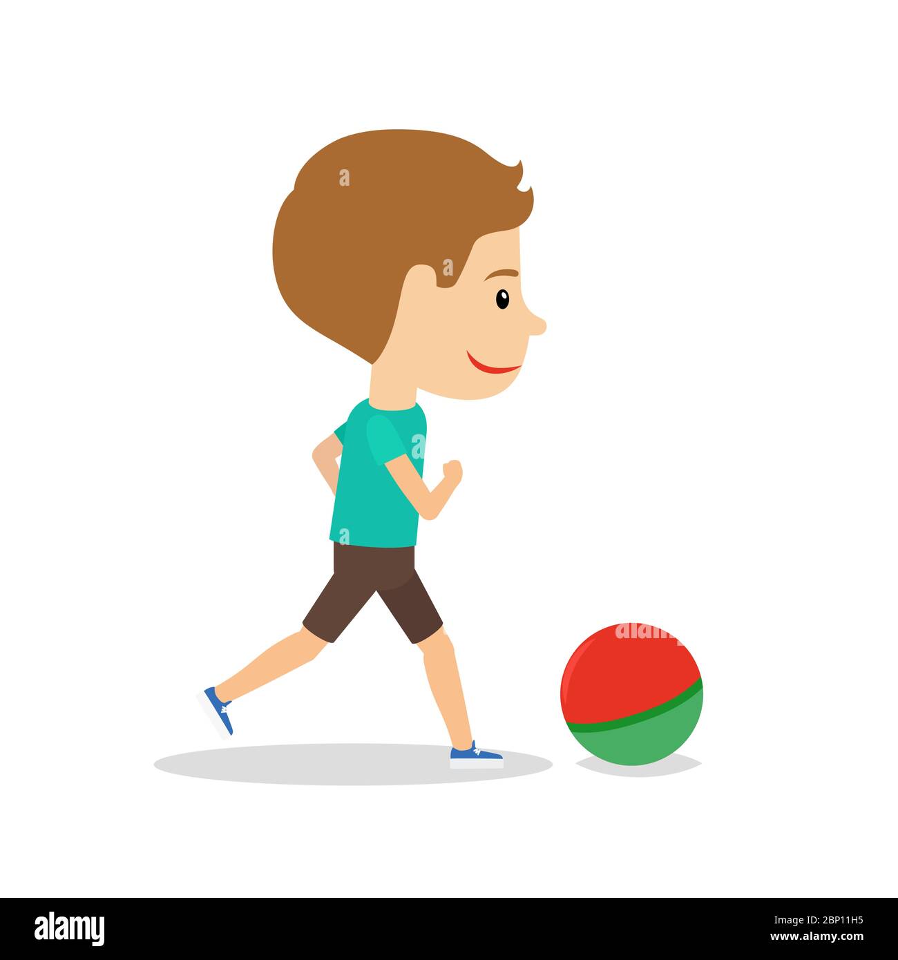 Little boy running with a ball, isolated on the white background ...