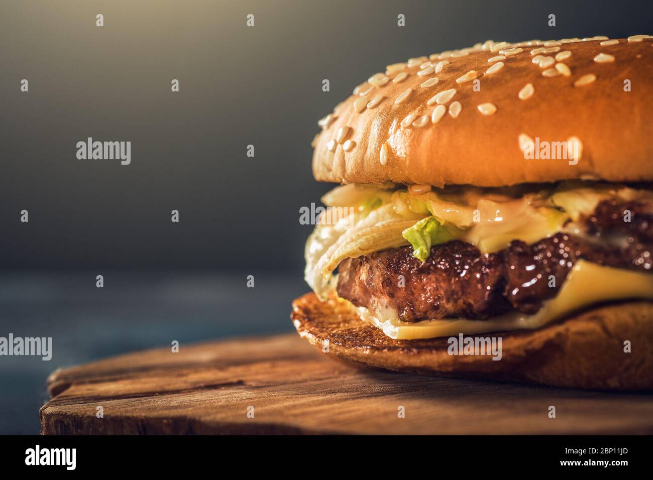 Fresh delicious homemade burger or hamburger with juicy meat, cheese ...